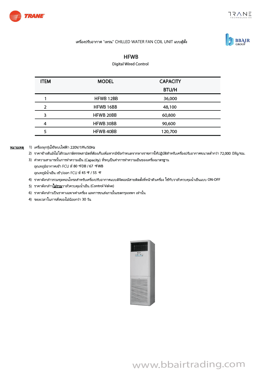 แอร์เทรน TRANE CHILLED WATER FAN COIL UNIT แบบตู้ตั้ง รุ่น HFWB16BB ...
